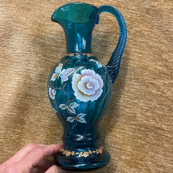 Fenton | Accents | Fenton Dark Aqua Hand Painted Signed Pitcher | Poshmark